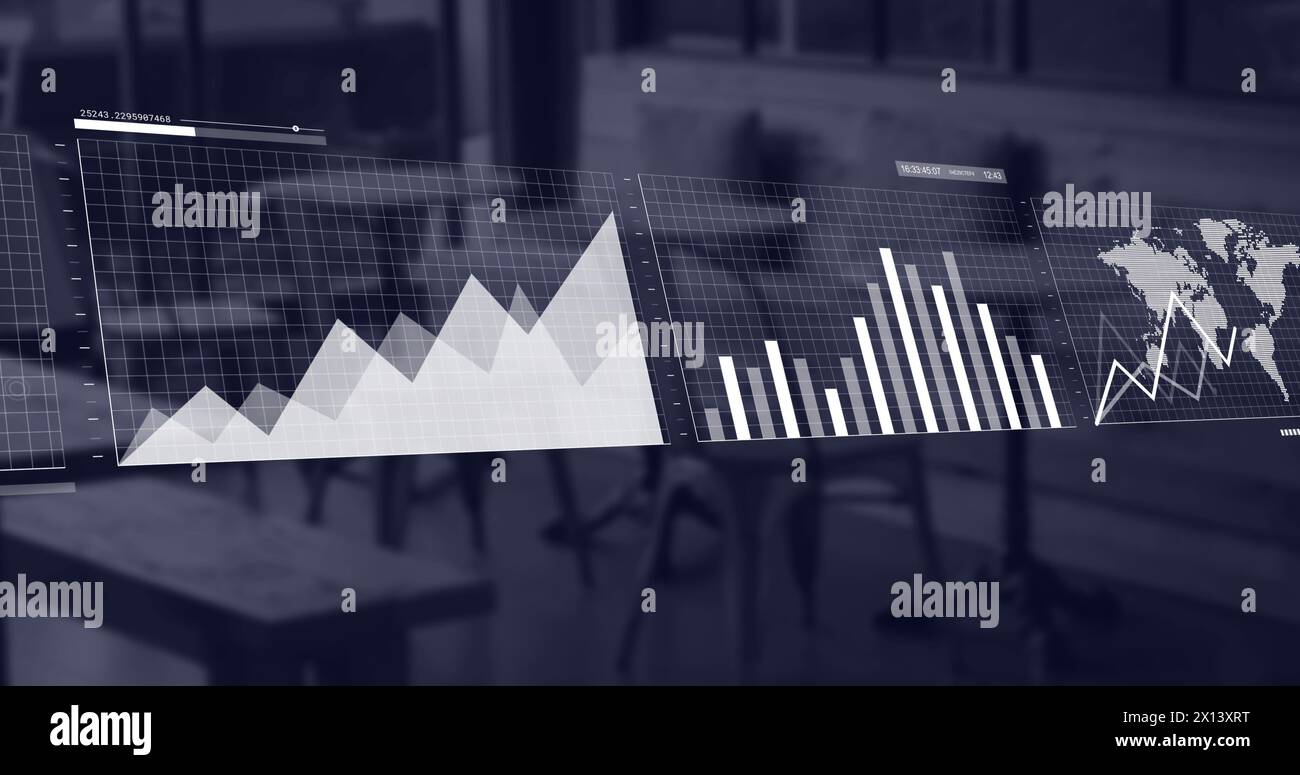 Image Of Interface With Statistical Data Processing Against Empty Cafe