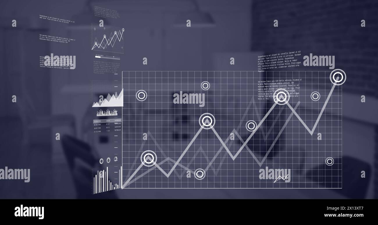 Image of interface with statistical data processing against empty conference room at office ...