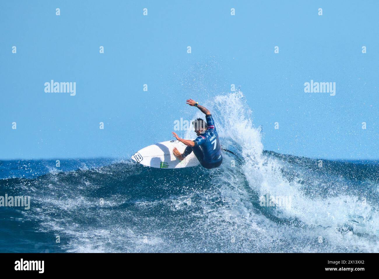 Hawaiian professional surfer Seth Moniz competing at the 2024 Margaret ...