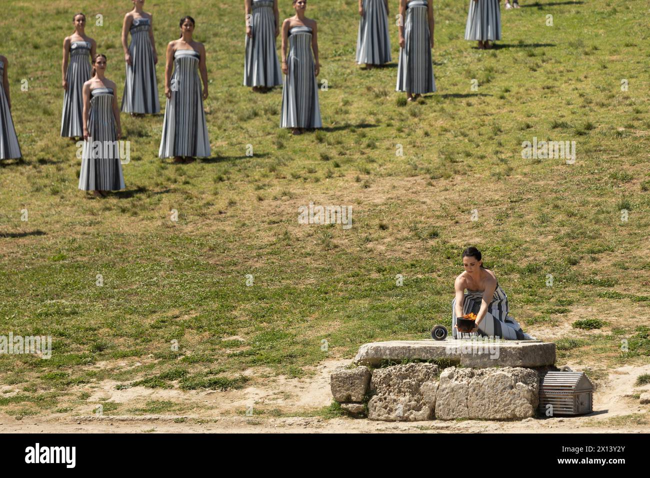 Olympia, Greece. 15th Apr, 2024. Actress Mary Mina, who plays the High ...