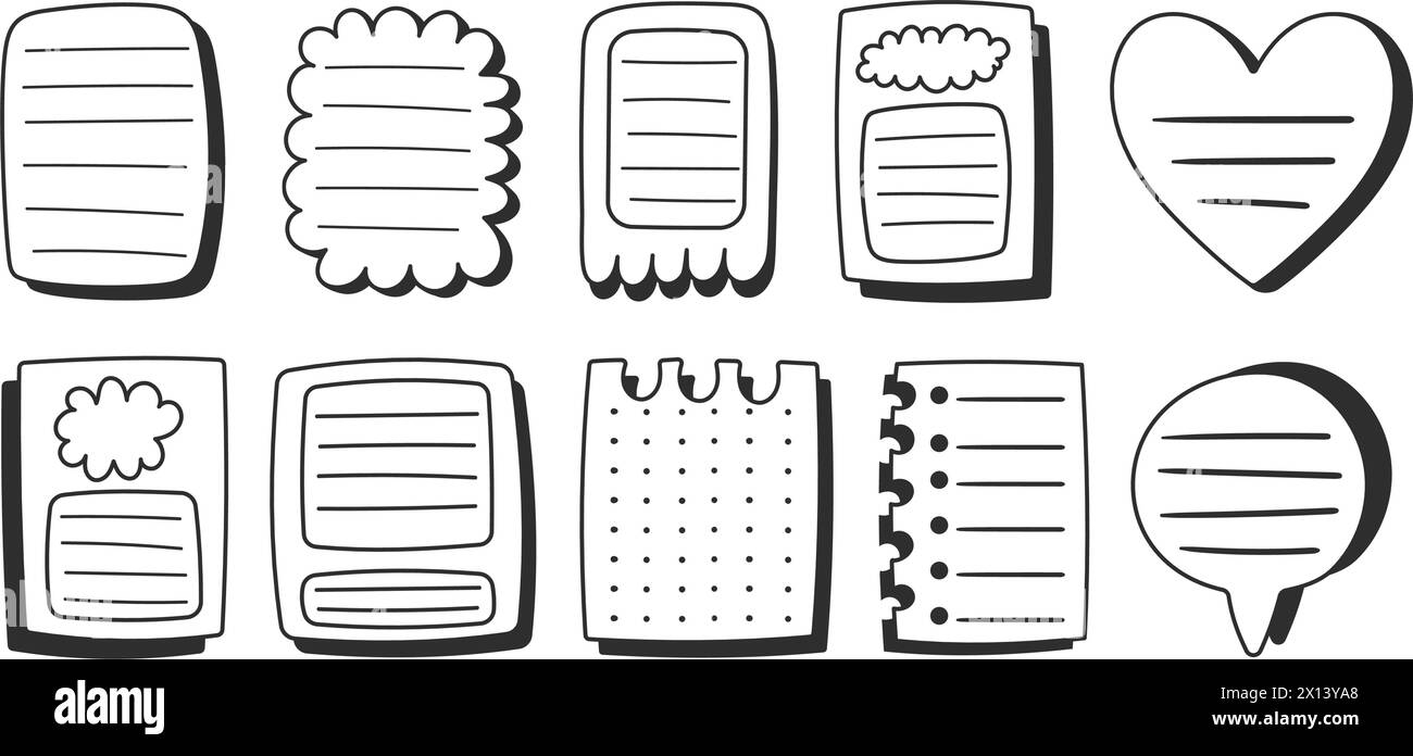 Paper sheets sticker collection in comics style, doodle black and white ...