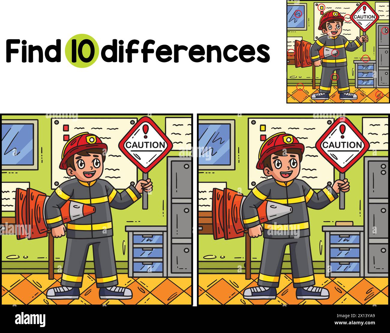 Firefighter with Safety Sign Find The Differences Stock Vector Image ...