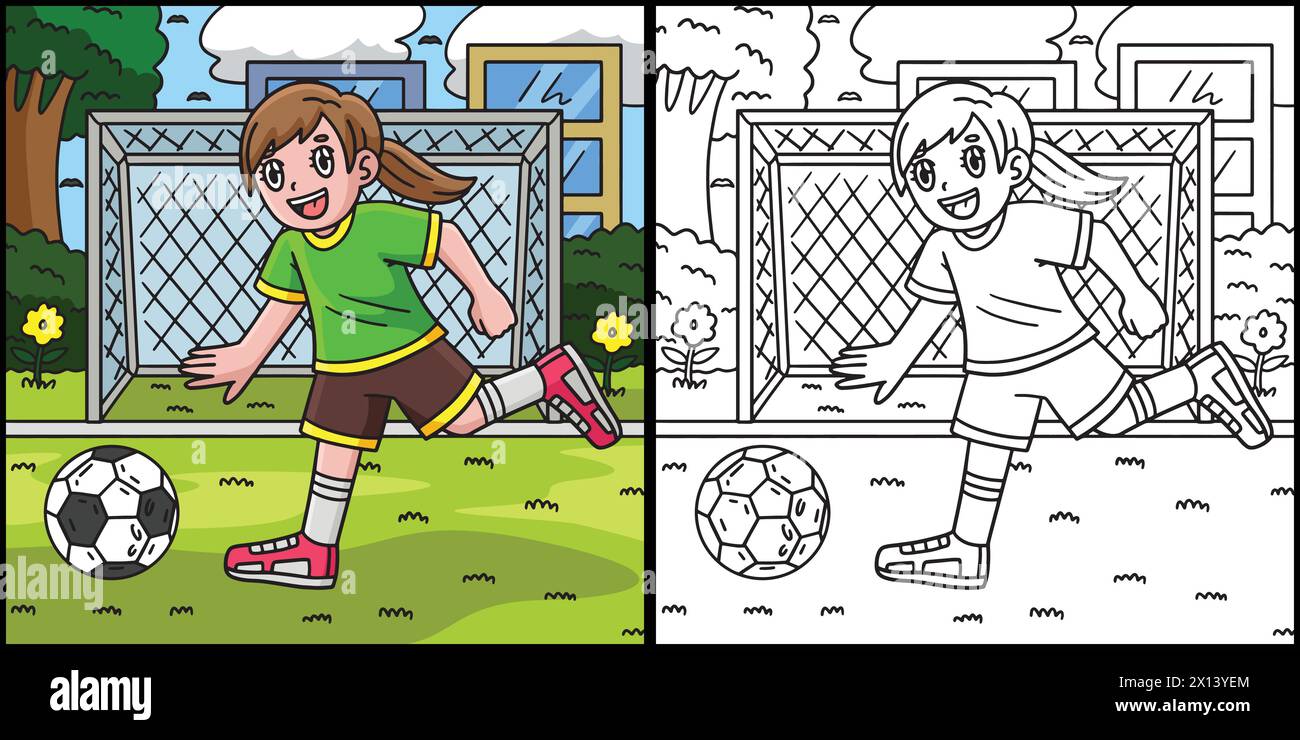 Girl Chasing a Soccer Ball Coloring Illustration Stock Vector Image ...