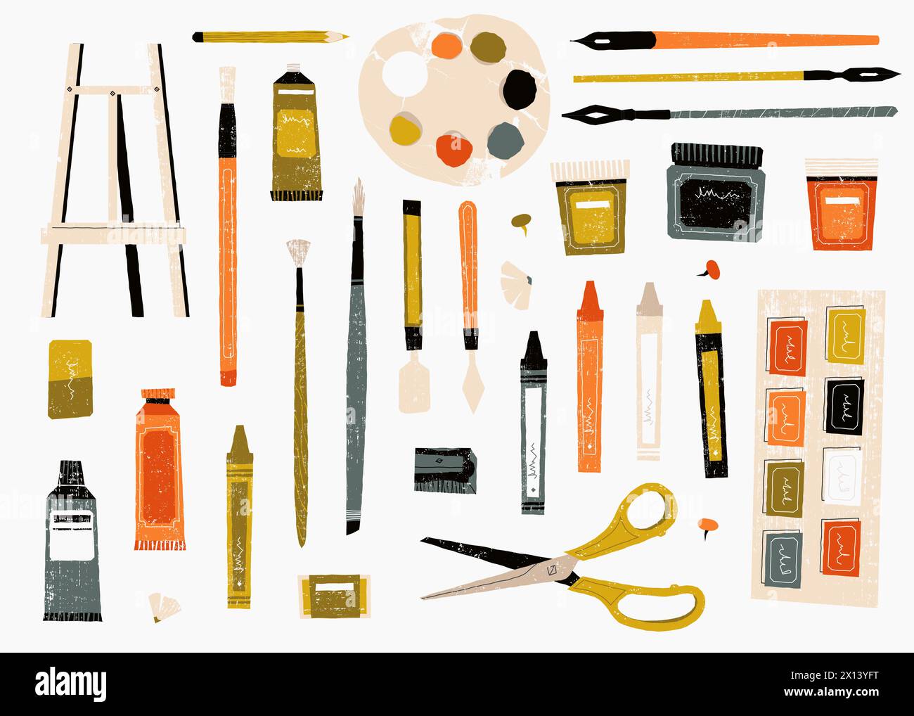 Paint and art supplies. Cartoon artist workplace with canvas easel ...