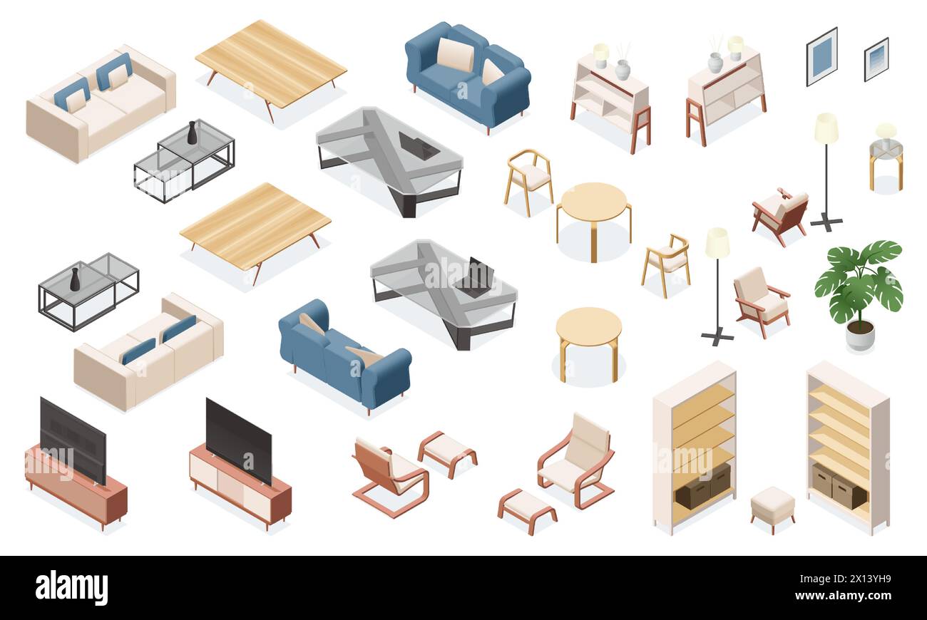 Isometric living room furniture. Modern apartment interior elements, sofa armchair coffee table ...