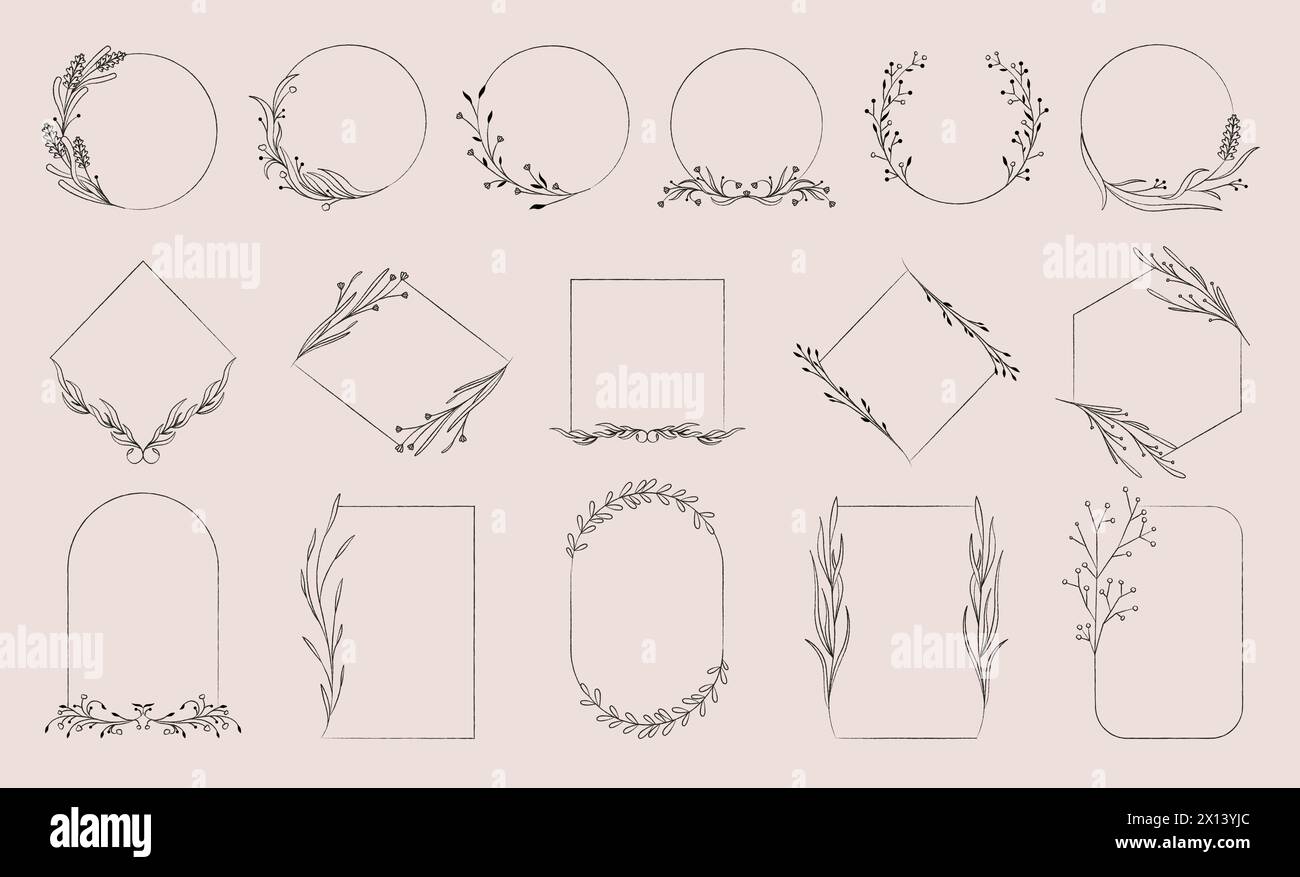 Elegant botanical frames. Minimalist floral wreath with leaves and ...