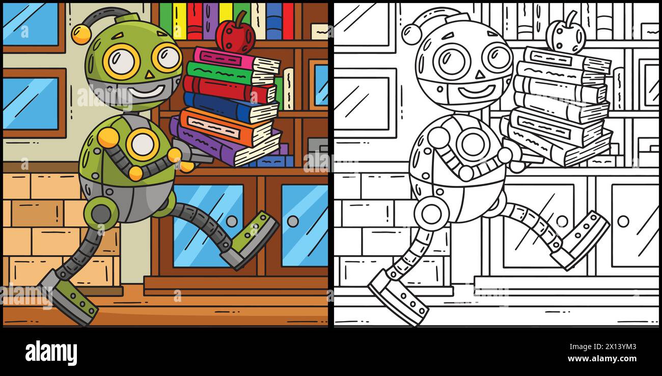 Robot Carrying Books Coloring Page Illustration Stock Vector Image ...