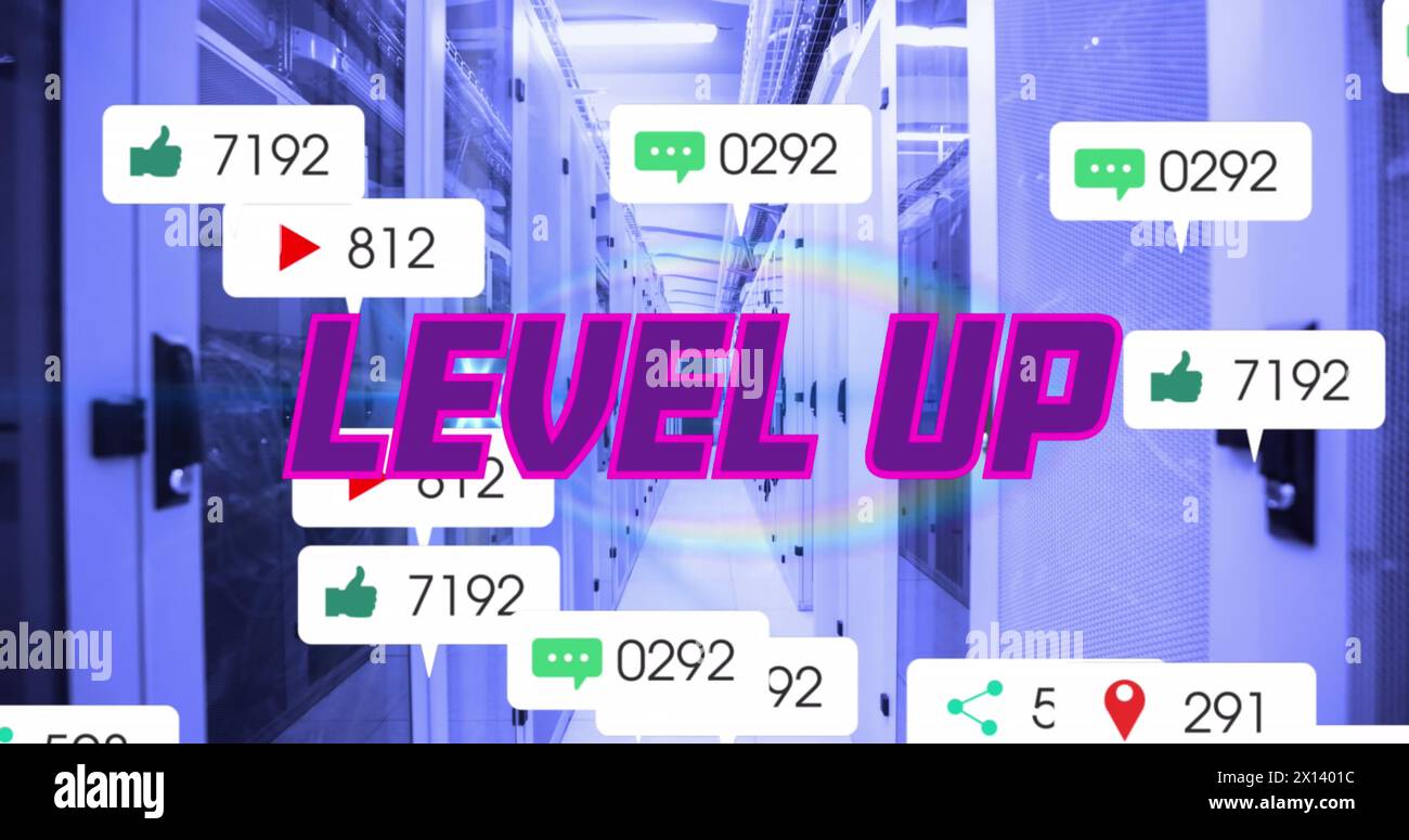 Image of purple text level up, social media notifications and rainbow ...