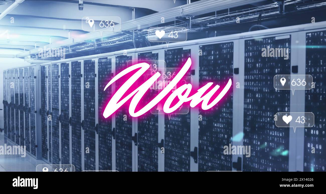 Image of pink text wow, with social media notifications over computer ...