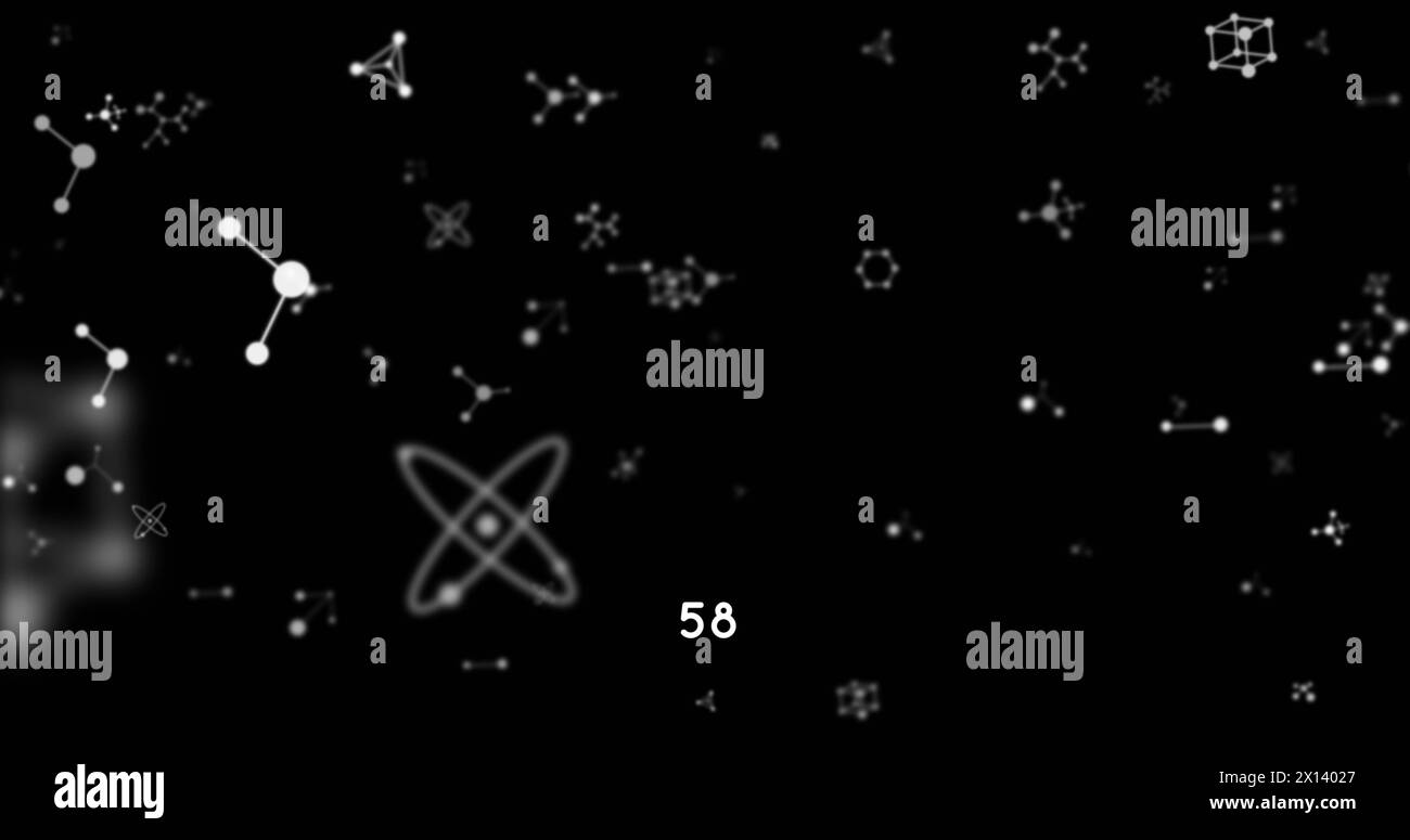 Digital Image Of Increasing Numbers Over Molecular Structures Floating Against Black Background