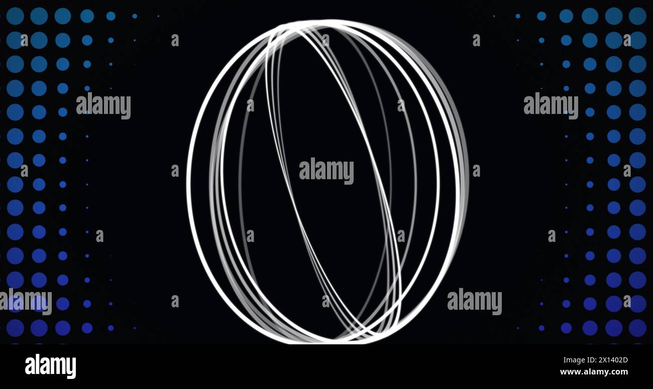Image of spinning white rings with blue and dots moving hypnotically from a central point in ...