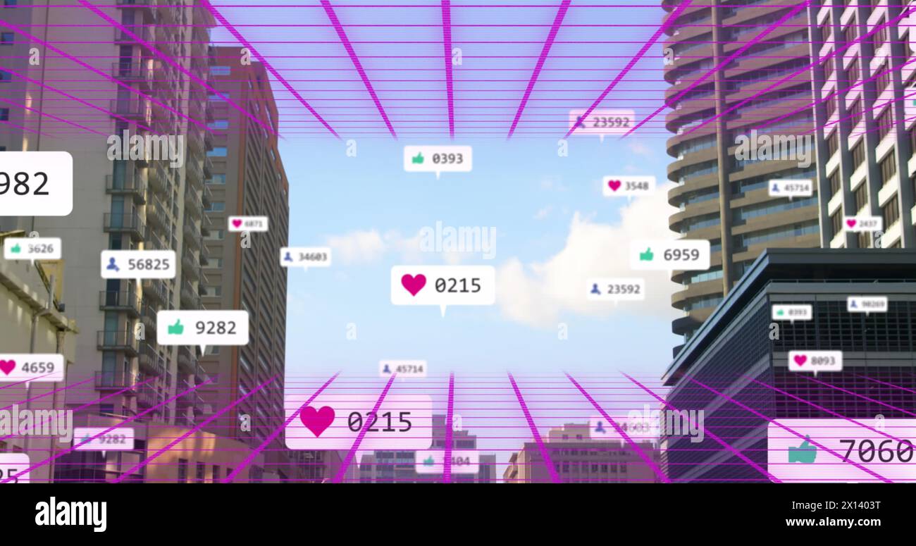 Image of social media notifications with pink grid over blue sky and ...
