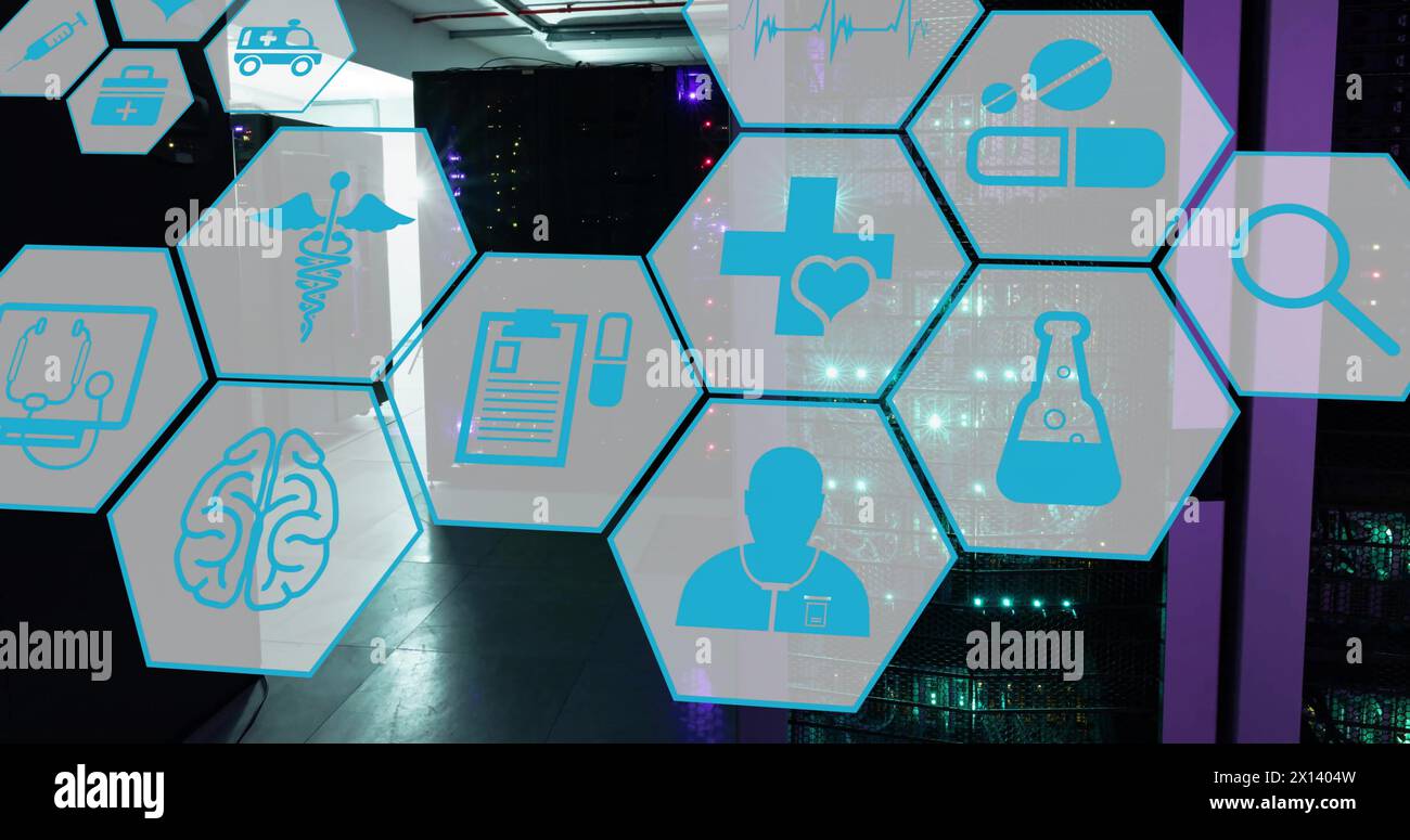 Image of network of medical icons and data processing over computer ...