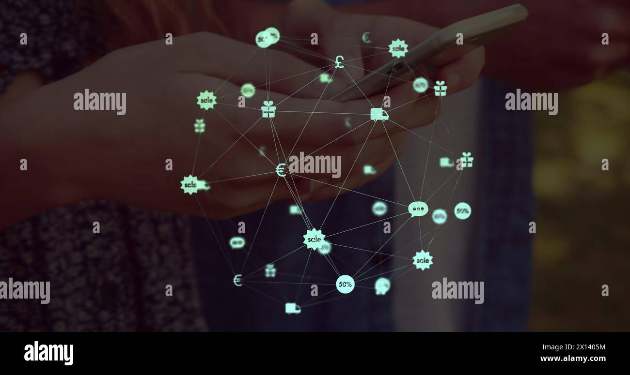Image of network of connections with icons over women using smartphone ...