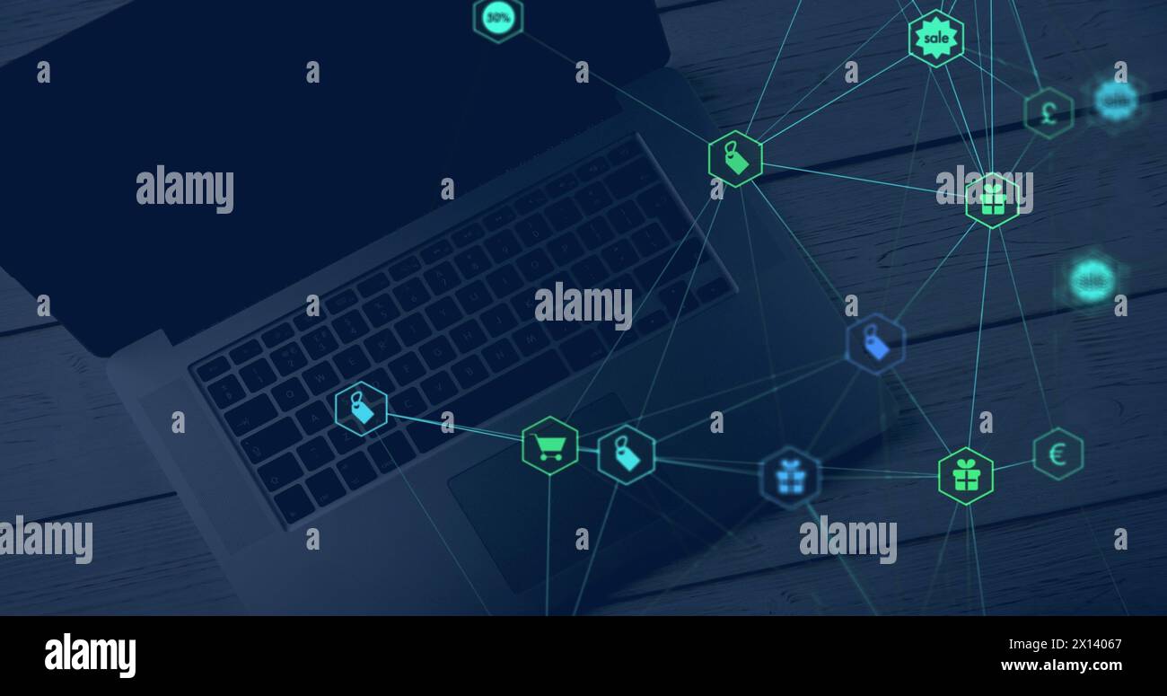 Image of network of connections with icons over laptop Stock Photo - Alamy