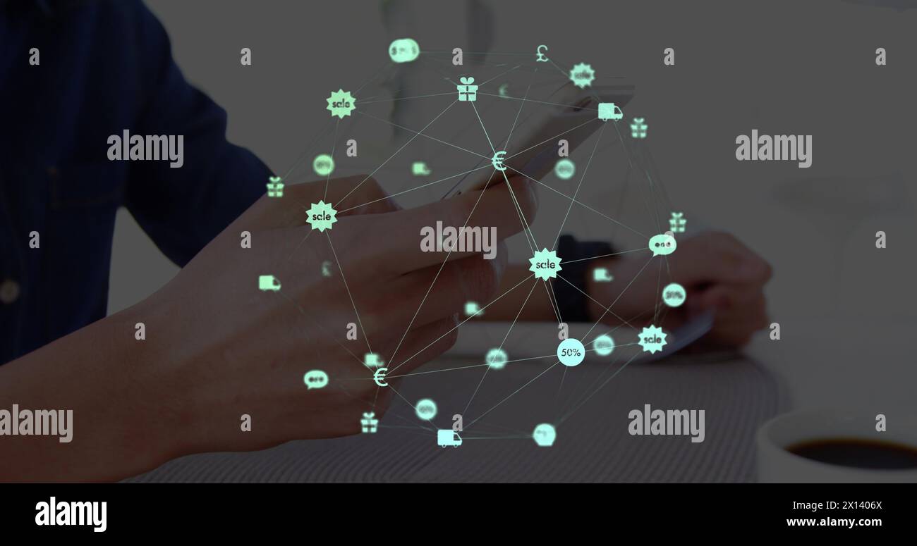 Image of network of connections with icons over men using smartphone ...