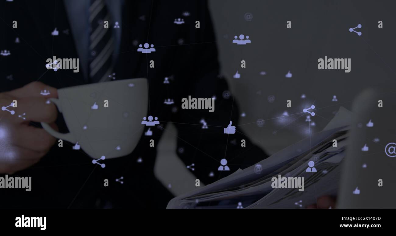 Image of network of connections with icons over men drinking coffee ...