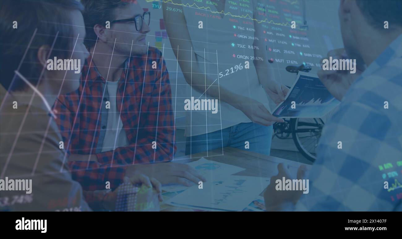 Image of financial data processing and stock market over diverse ...