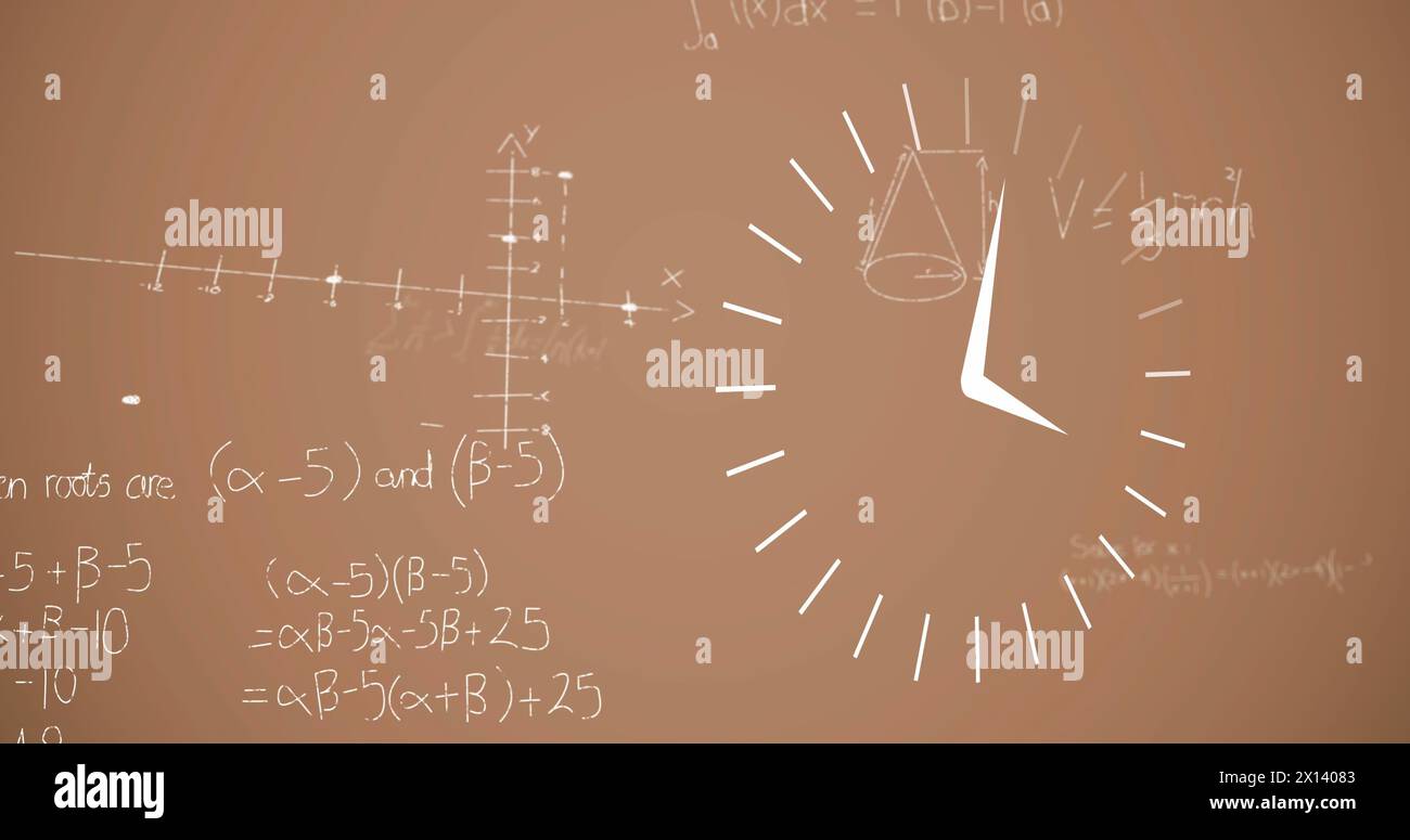 Image of clock moving over math formulas over beige background. time ...