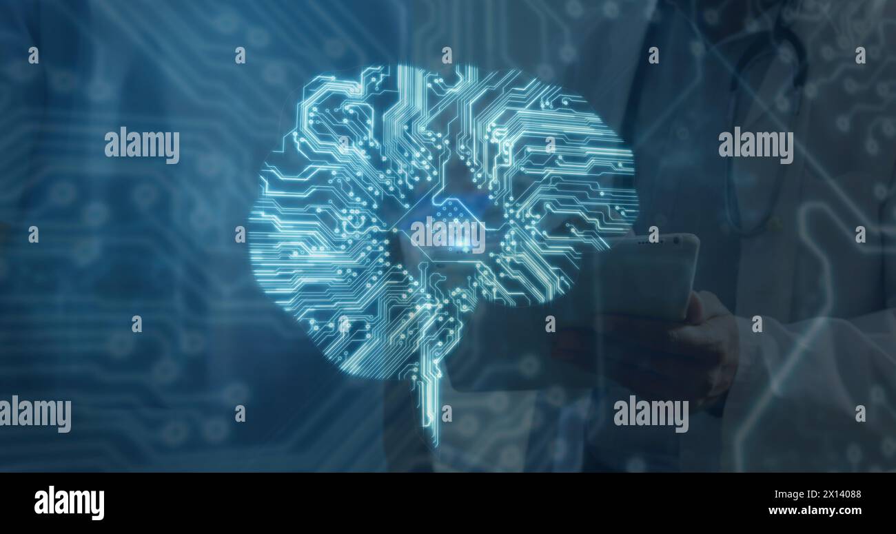 Image of brain with computer circuit board over diverse doctors Stock ...