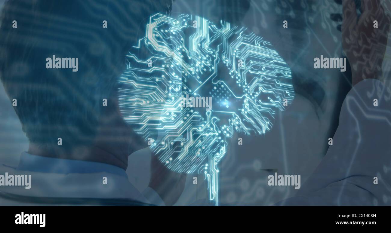 Image of computer circuit board brain and connections over caucasian ...