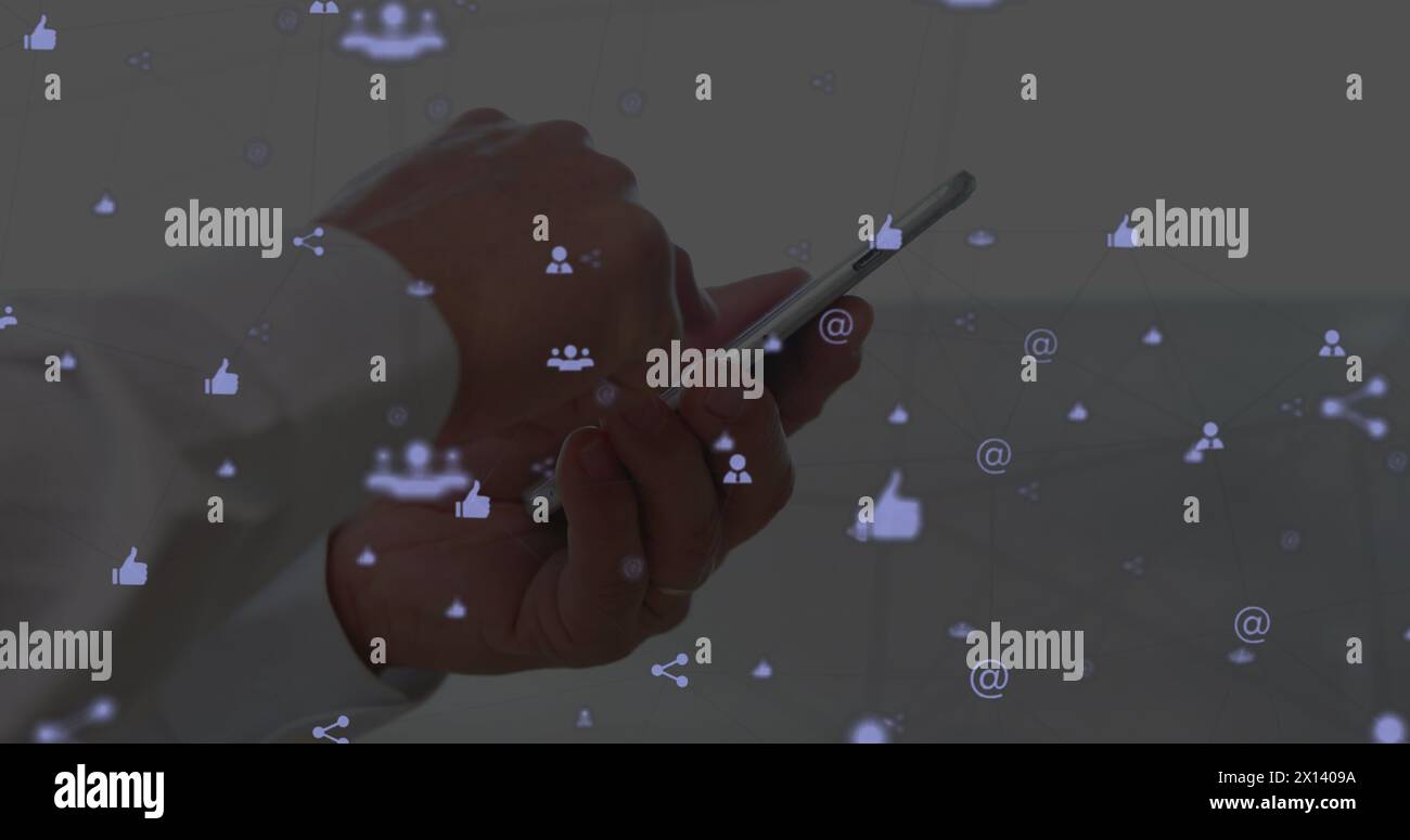 Image of falling icons over men using smartphone Stock Photo - Alamy