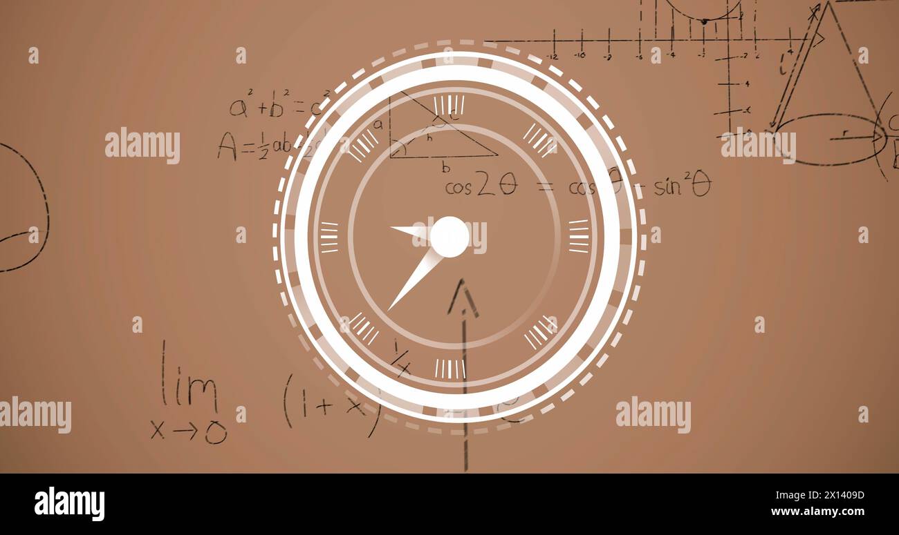 Image of clock moving over math formulas over beige background. time ...