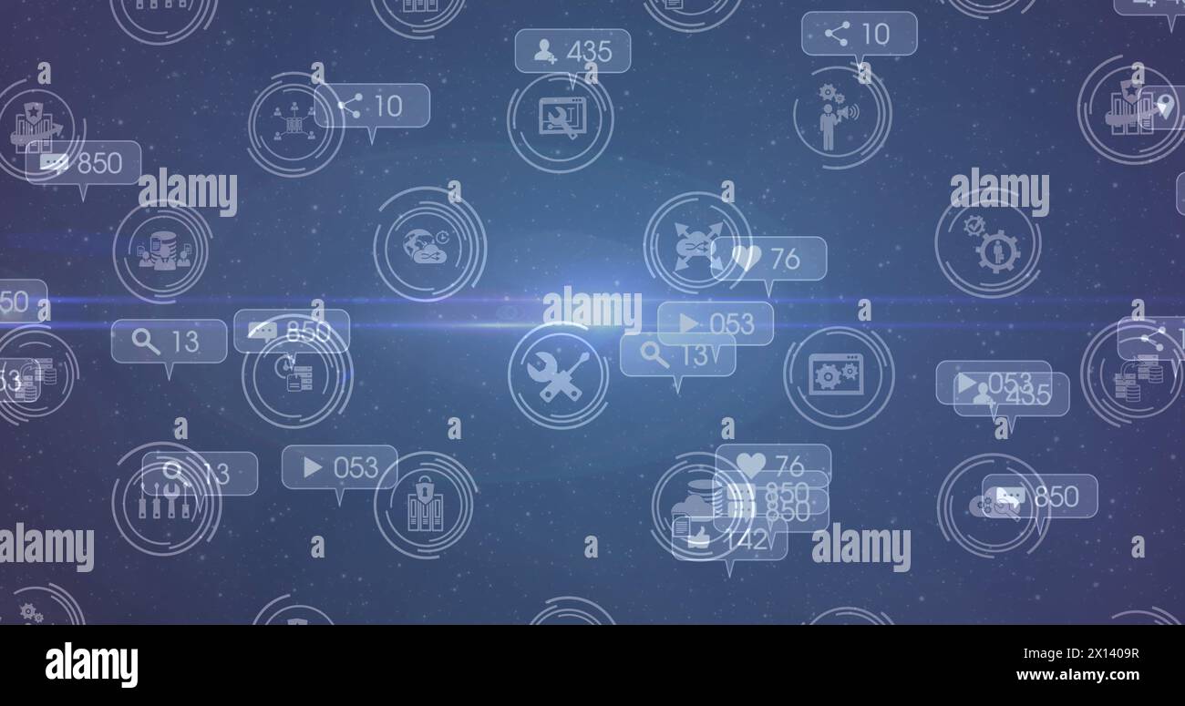 Image of technology icons and social media reactions moving on blue ...