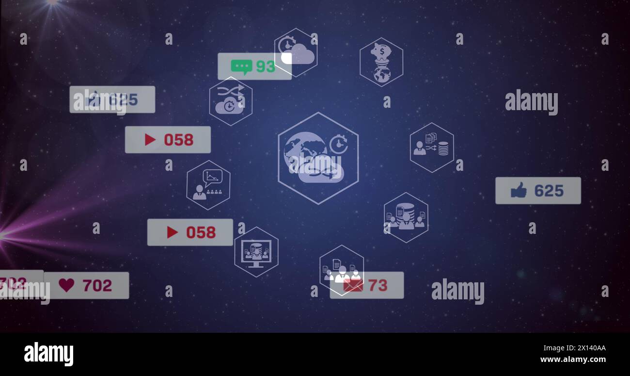 Speech bubbles with digital icons and increasing numbers against spot ...