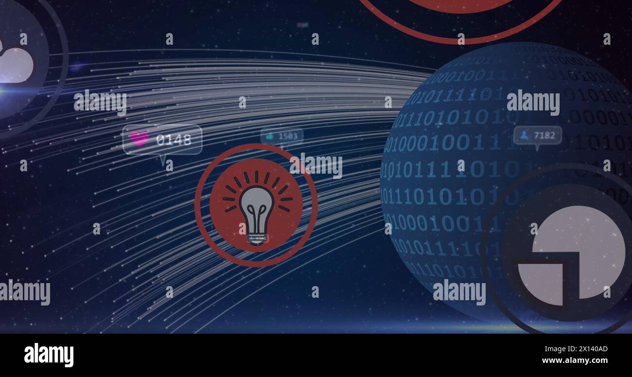 Multiple speech bubbles with digital icons and increasing numbers against light trails over ...