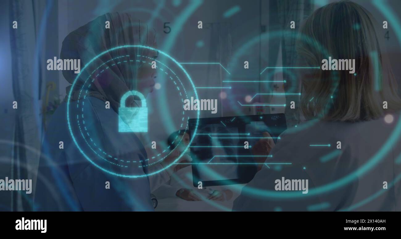 Image of online security padlock and scope over diverse female doctors ...