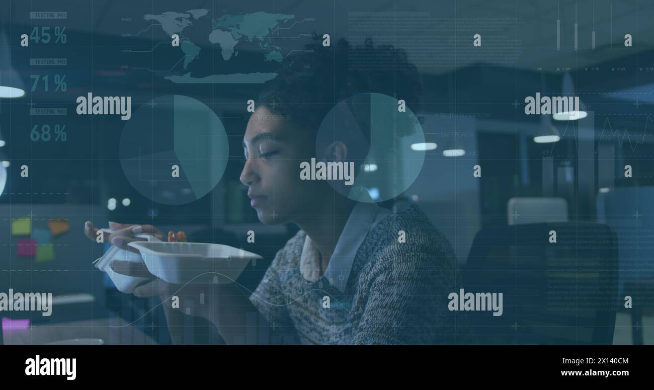 Image of data processing over african american businesswoman eating in ...