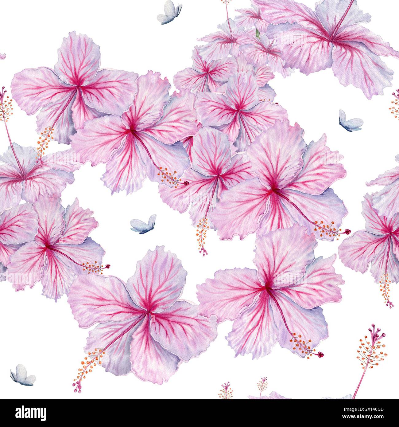 Pink Hibiscus Flowers seamless pattern with tiny butterflies ...