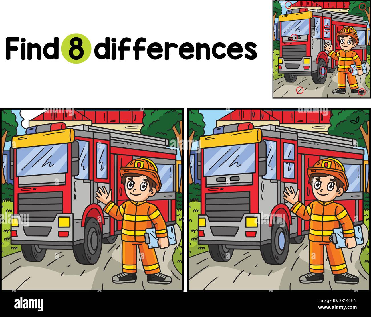 Firefighter and Fire Truck Find The Differences Stock Vector Image ...