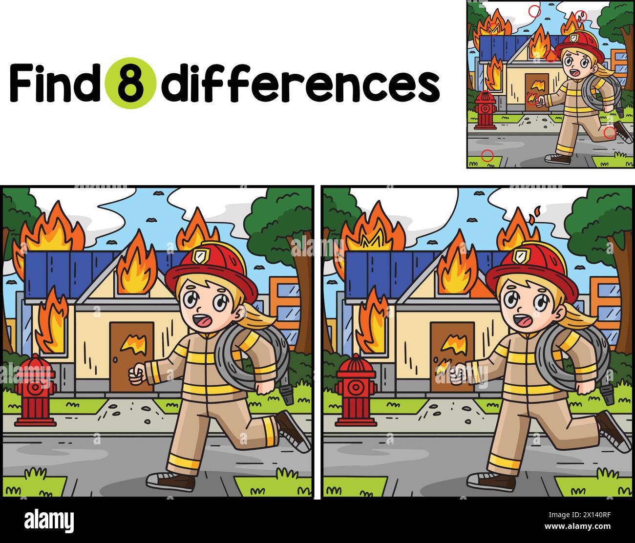 Firefighter Building on Fire Find The Differences Stock Vector Image ...