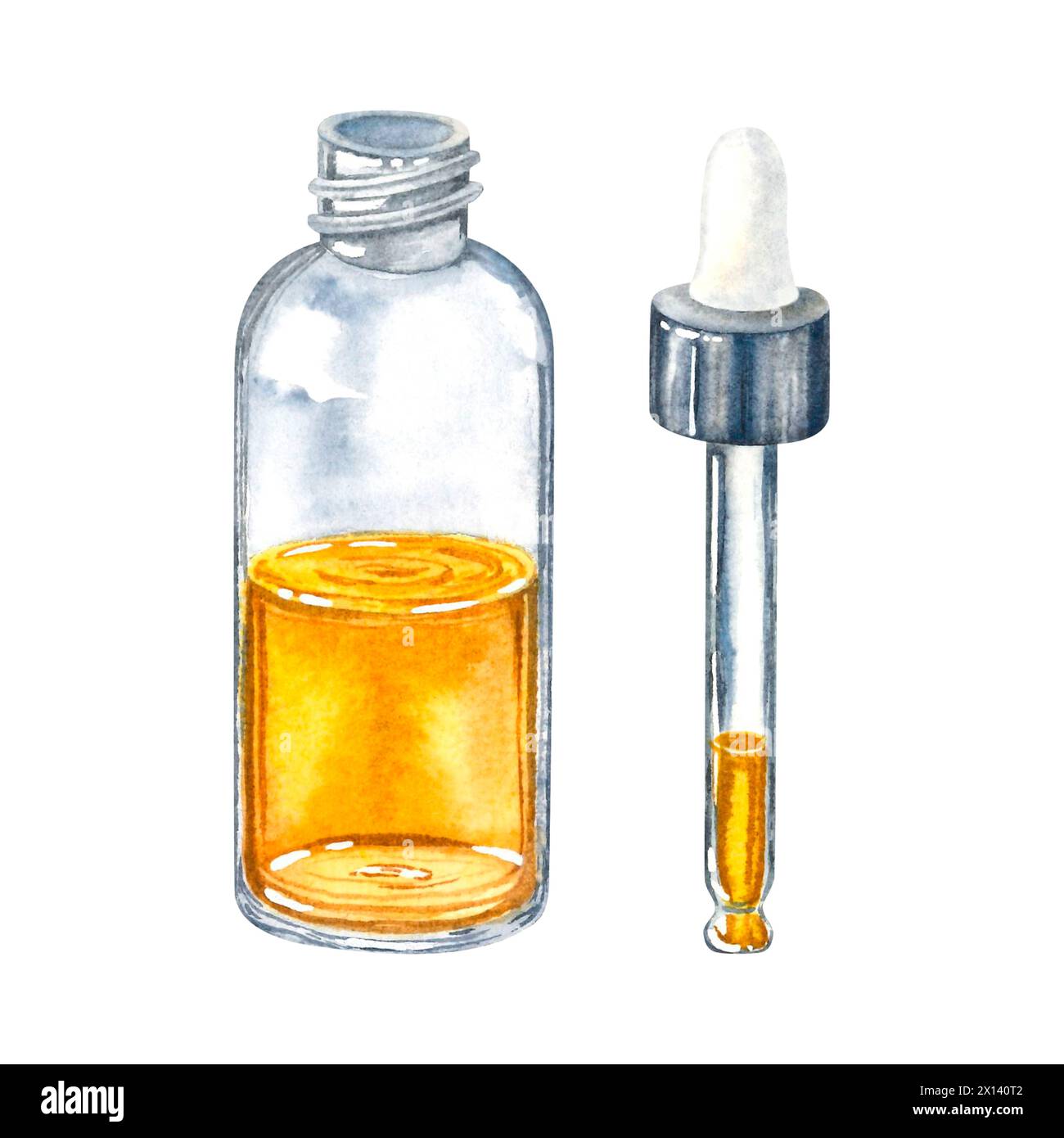 Transparent glass dropper bottle with golden liquid inside. Metal ...