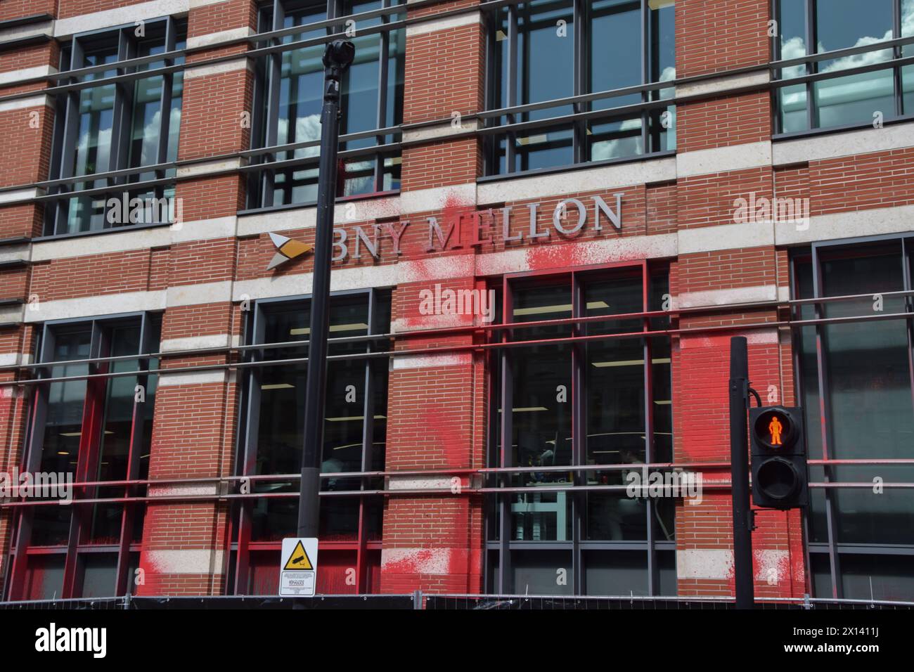 London, UK. 15th April 2024. Activist group Palestine Action sprayed ...