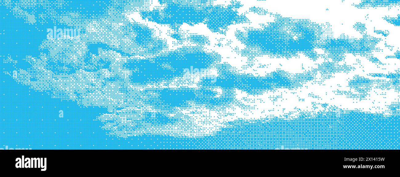 Monochrome blue clouds in the sky with halftone raster effect and dot ...