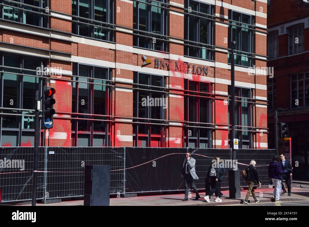 London, UK. 15th April 2024. Activist group Palestine Action sprayed ...