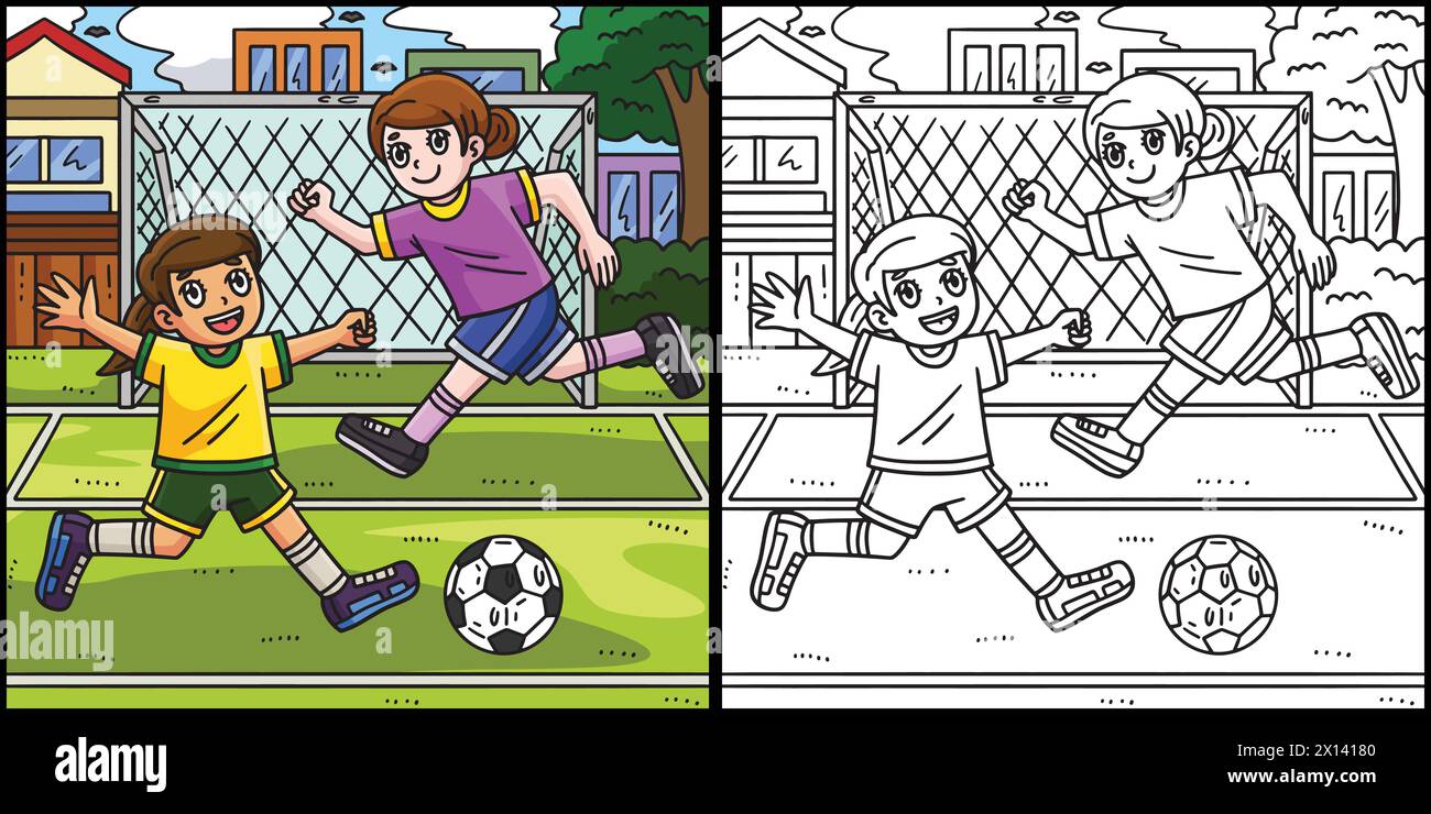 Girls Playing Soccer Coloring Page Illustration Stock Vector Image ...