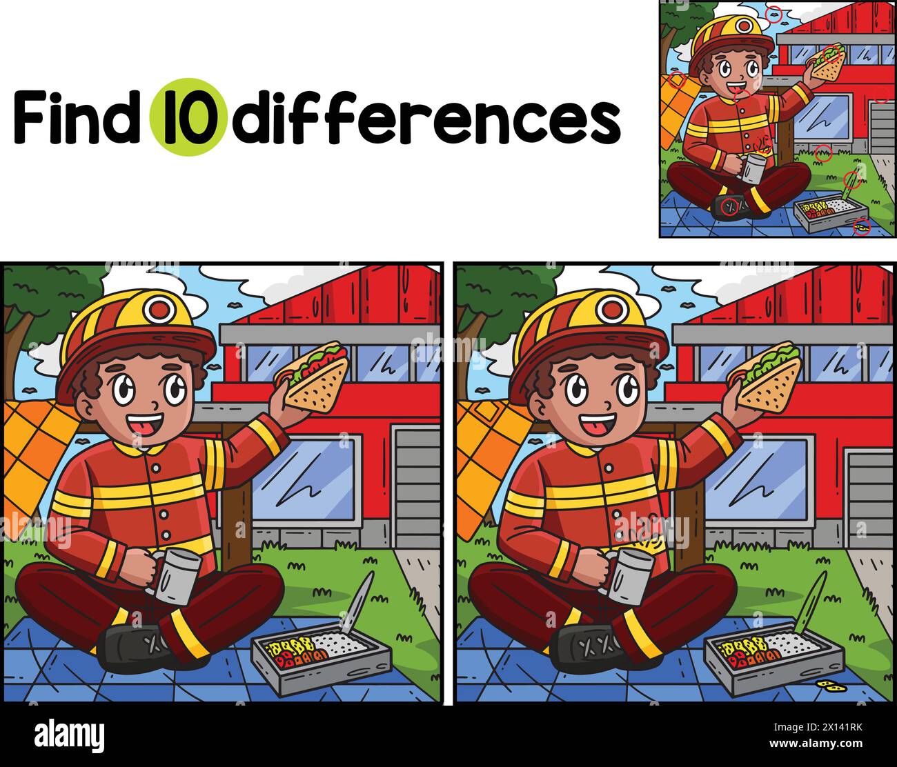 Firefighter Eating Lunch Find The Differences Stock Vector Image & Art ...