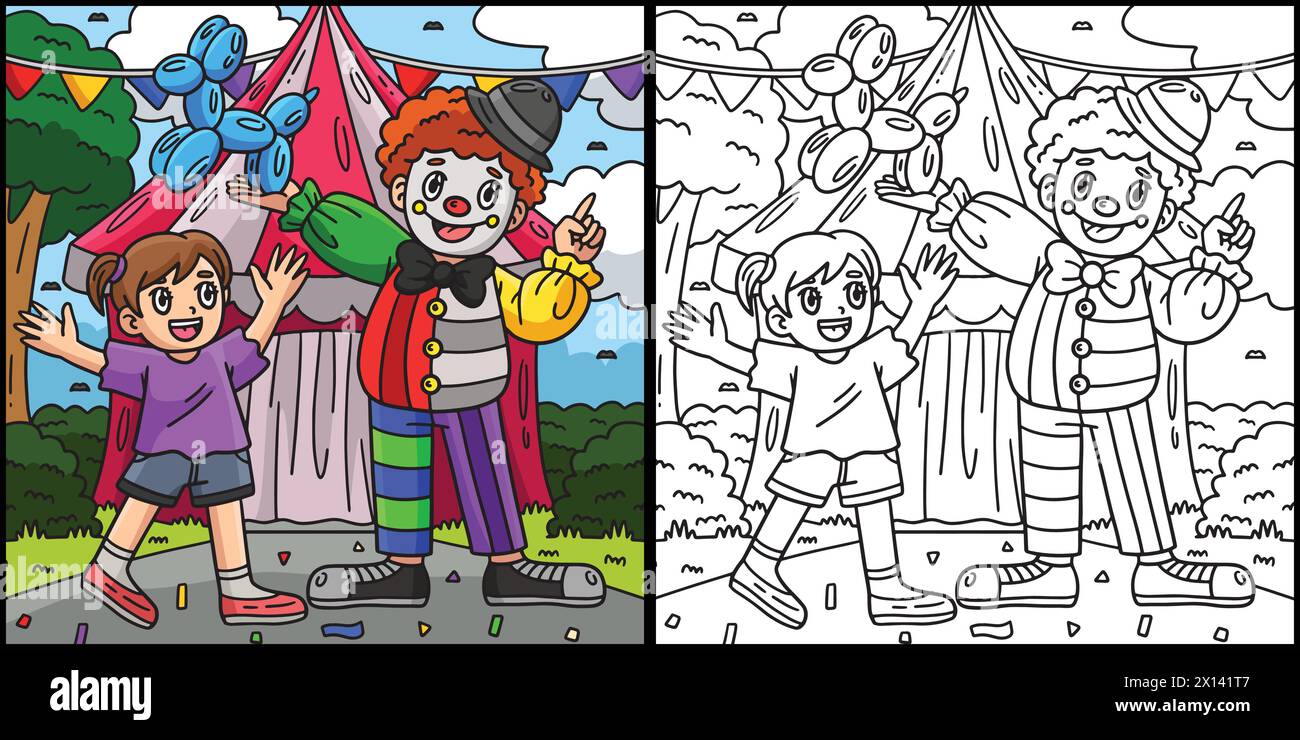 Circus Child and Clown Coloring Page Illustration Stock Vector Image ...