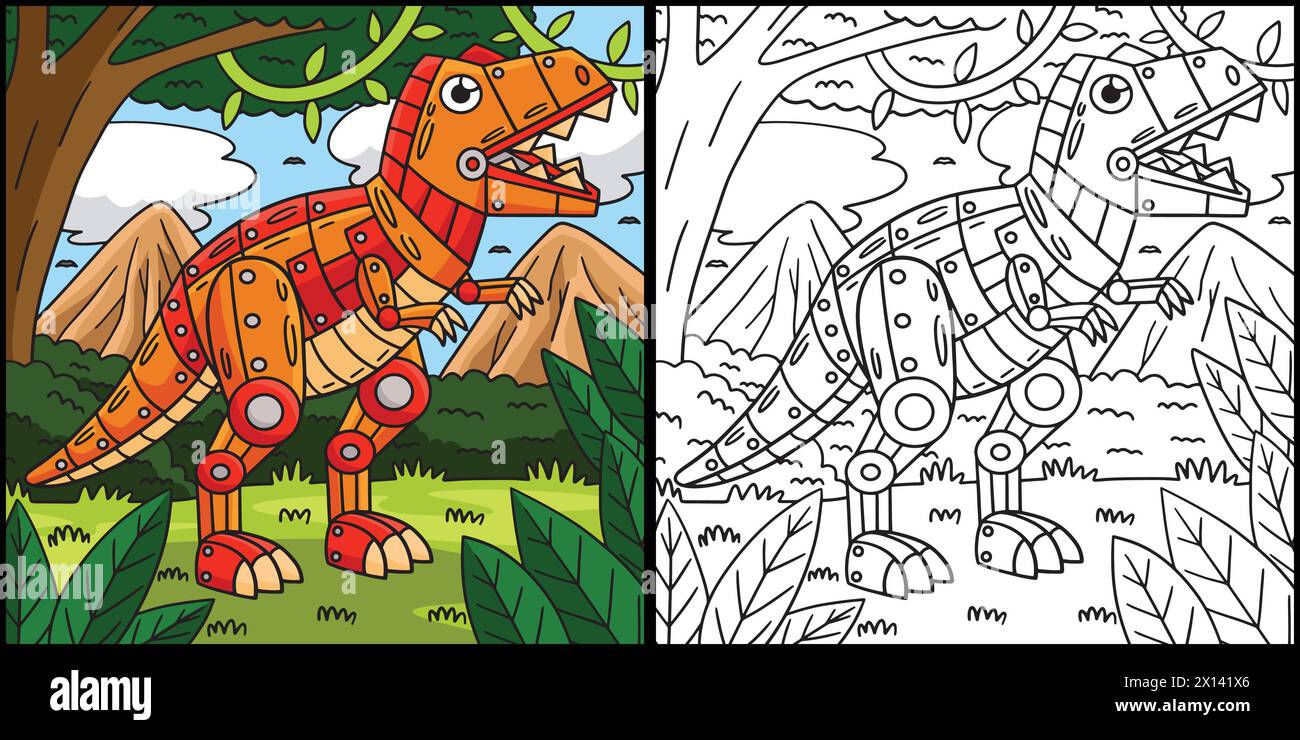 Robot T Rex Coloring Page Colored Illustration Stock Vector Image & Art ...
