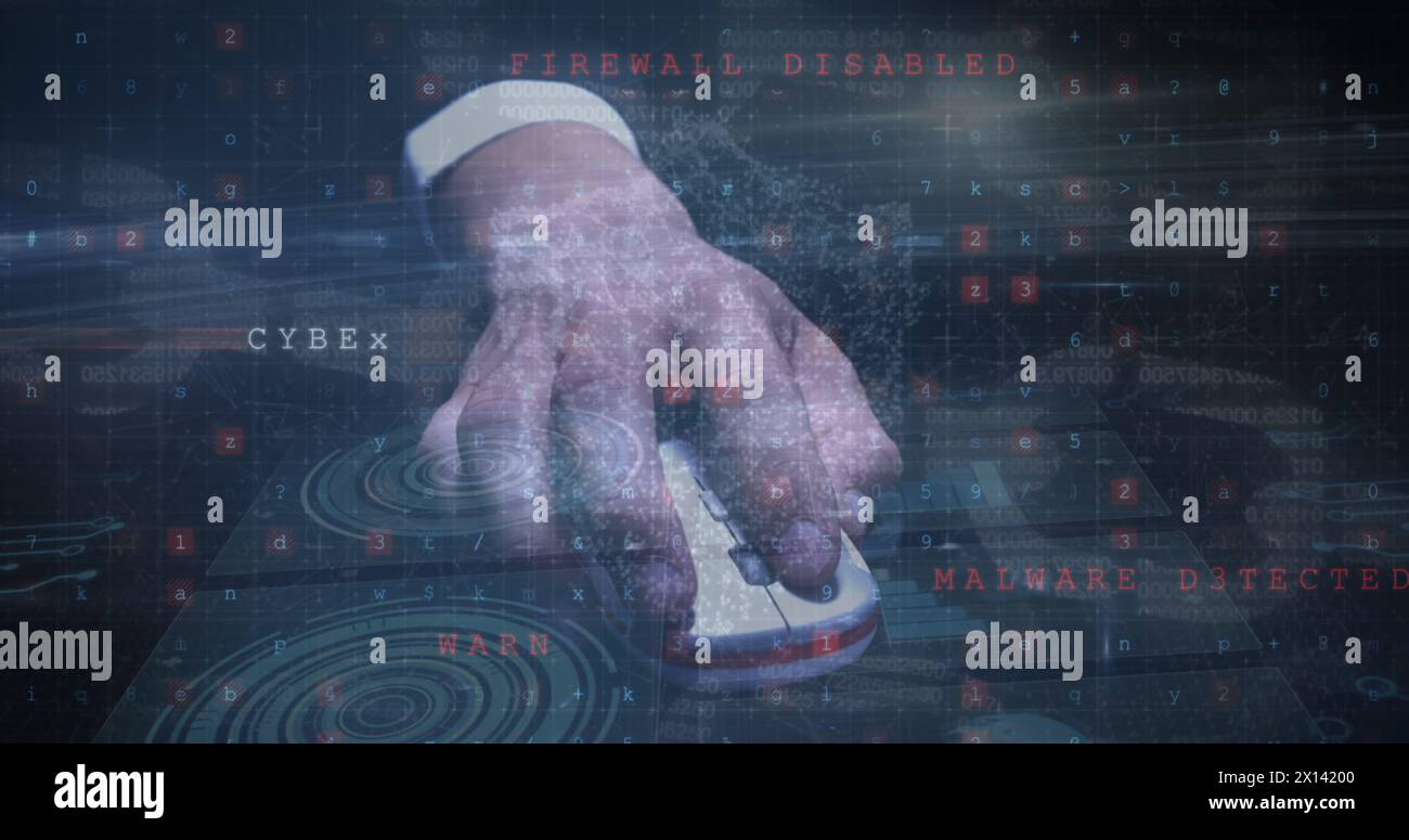 Image of block chain and hands of caucasian male hacker on black ...