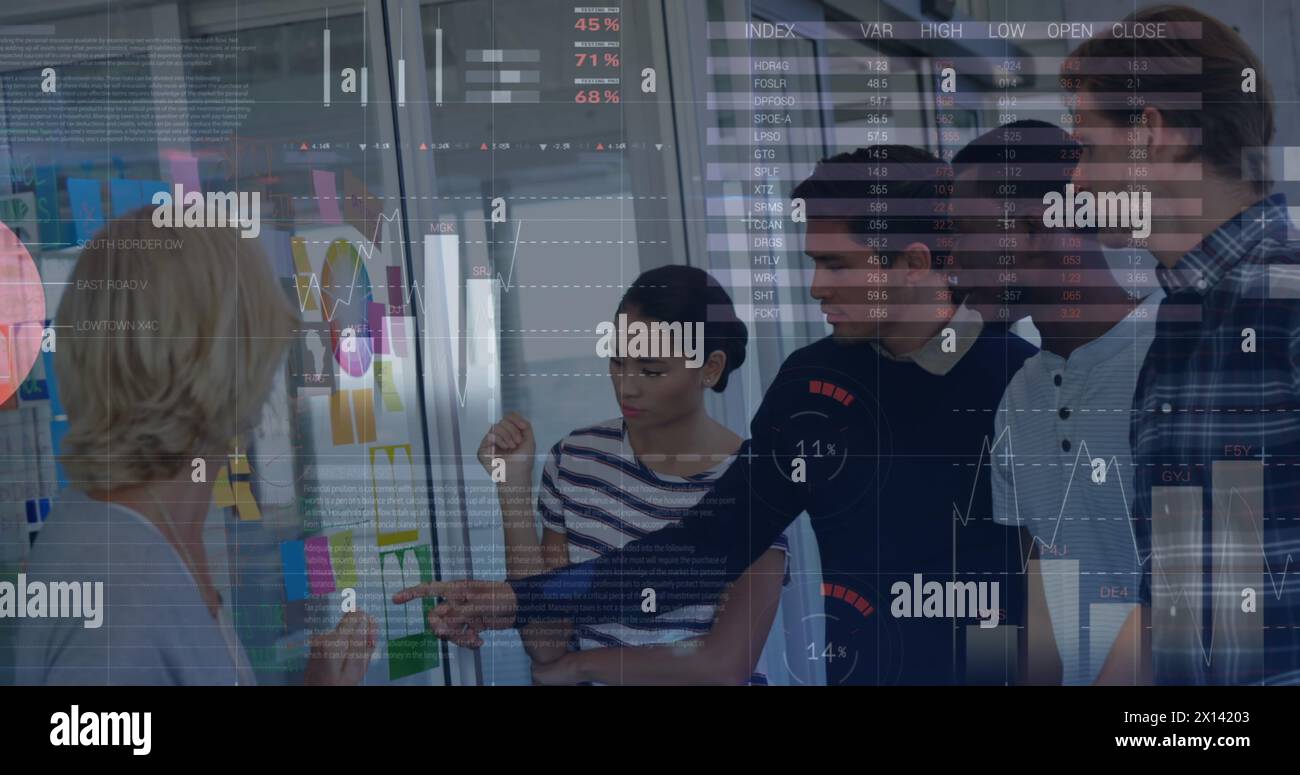 Image of data processing over diverse business people talking Stock ...