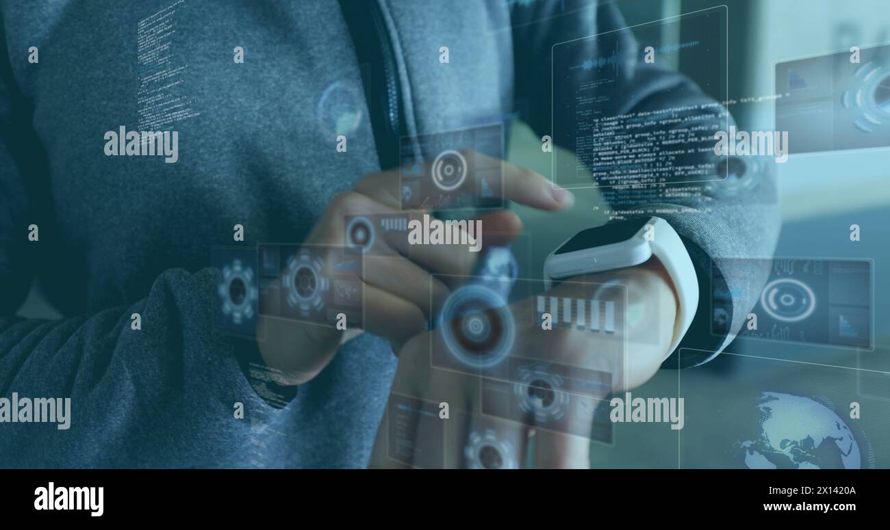 Image of scope scanning over social media speech bubbles over businessman checking smartwatch ...