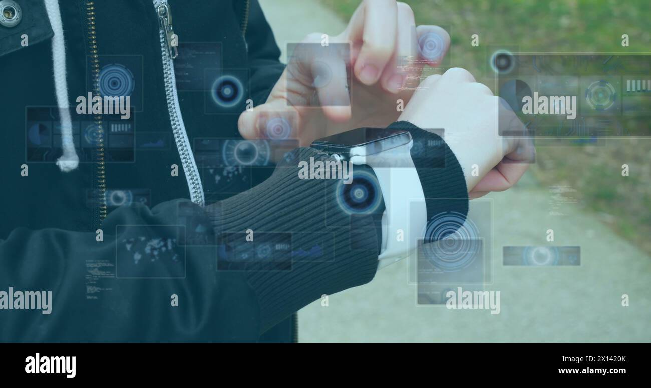 Image of data processing on screens over caucasian man checking ...