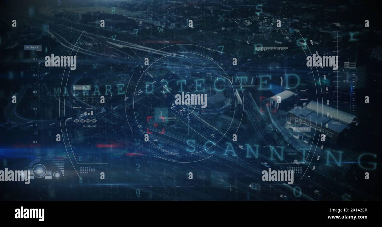 Image of scanning warning over data processing and cityscape Stock ...