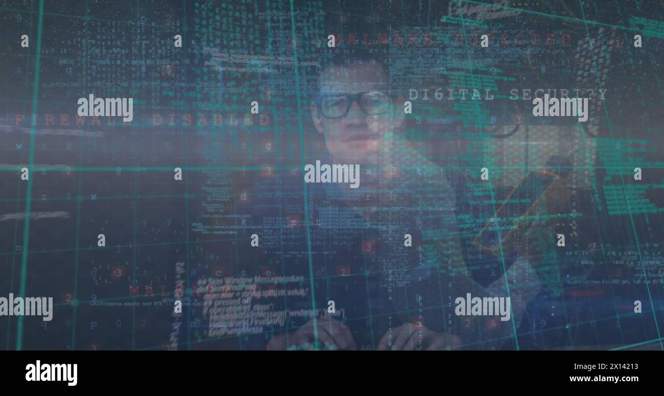 Image of cyber security data processing over portrait of male hacker using laptop Stock Photo ...