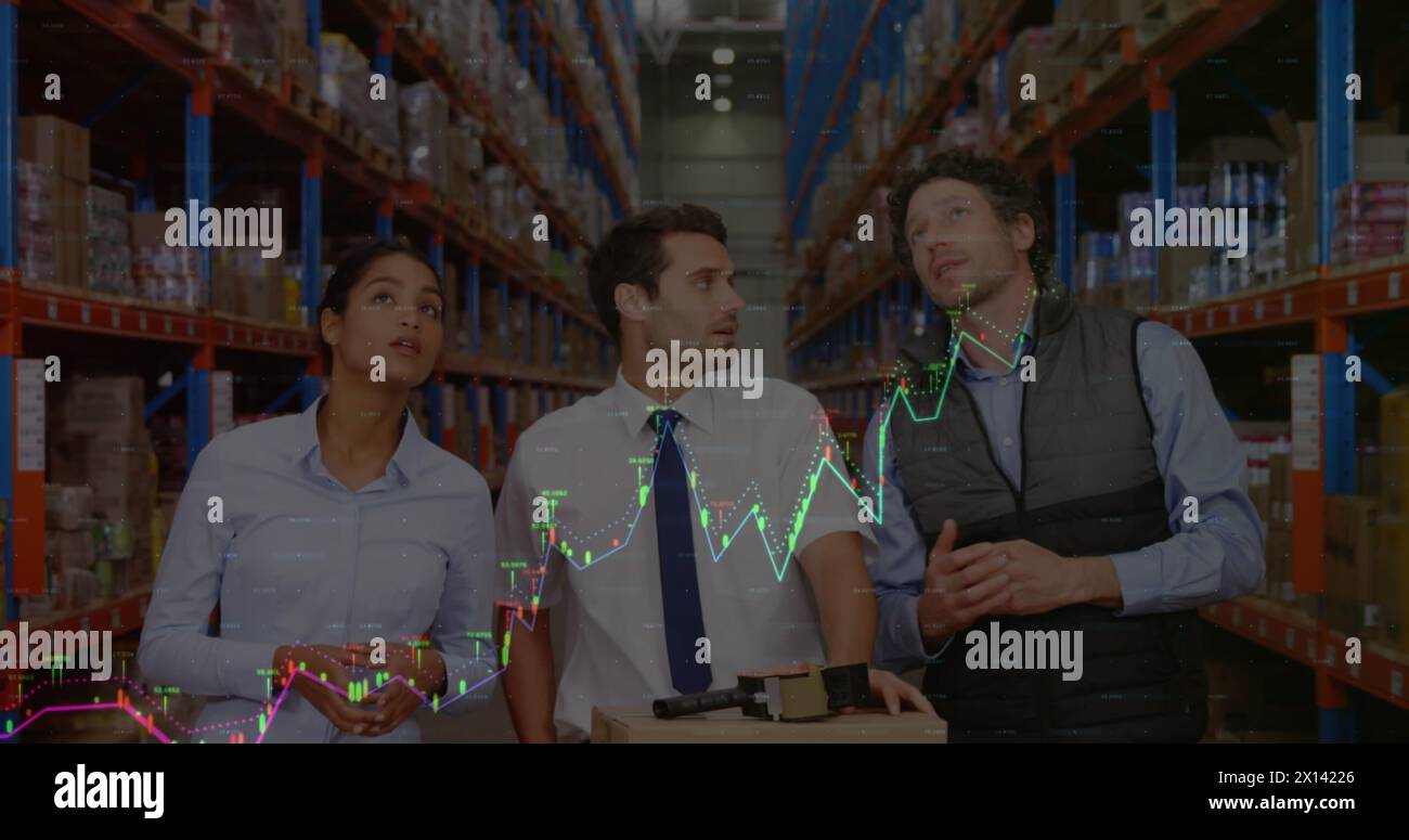 Image of financial graphs and data over diverse female and male ...